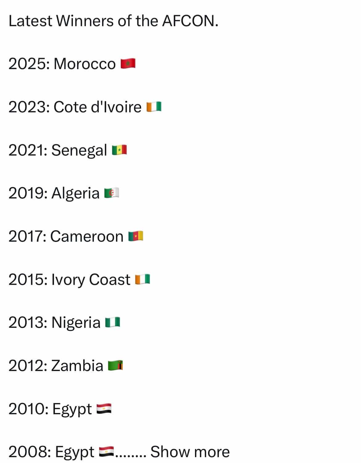 Updated: Full list of AFCON winners after Morocco declared 2025 champions